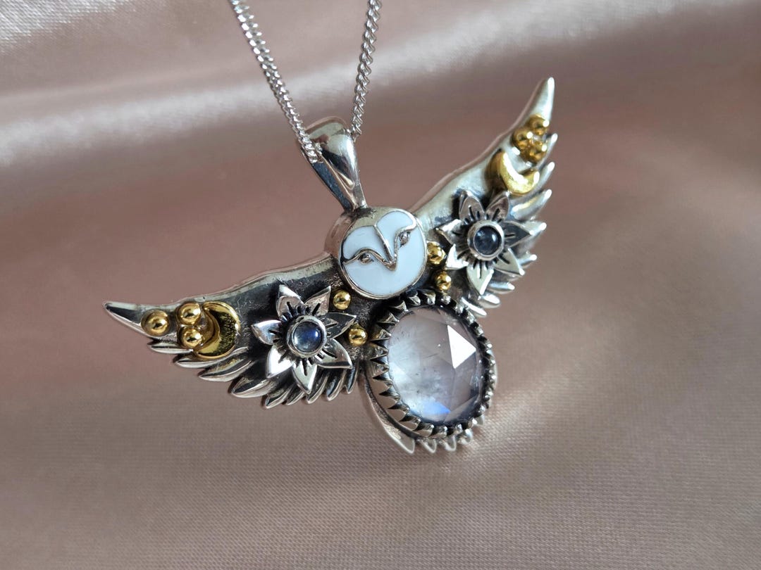 Silver and 18K Gold Owl Pendant - Natural Gemstone Jewelry - Owl ...