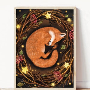 A4 A5 Sleeping Fox Art Print | Fantasy Art Poster | Enchanted Night Art ...