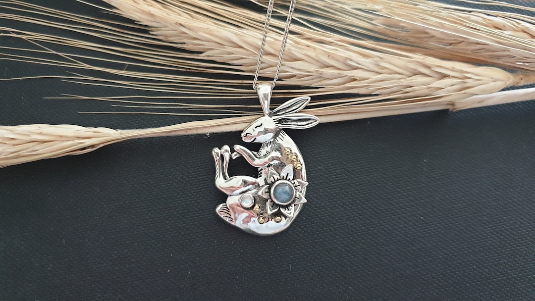 925 Sterling Silver Bunny Pendant Natural Moonstone Jewelry Gift for ...