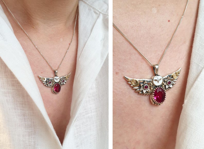 Silver and 18K Gold Owl Pendant - Natural Gemstone Jewelry - Owl ...