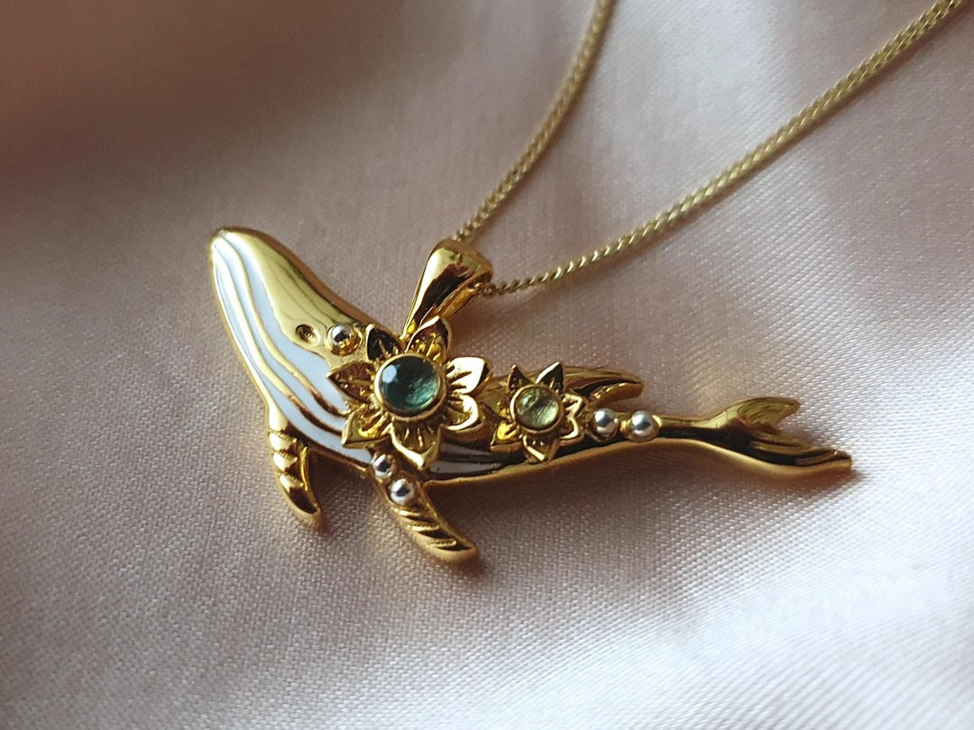Whale Pendant Necklace in 18k Gold With Aquamarine - Dainty Whale ...