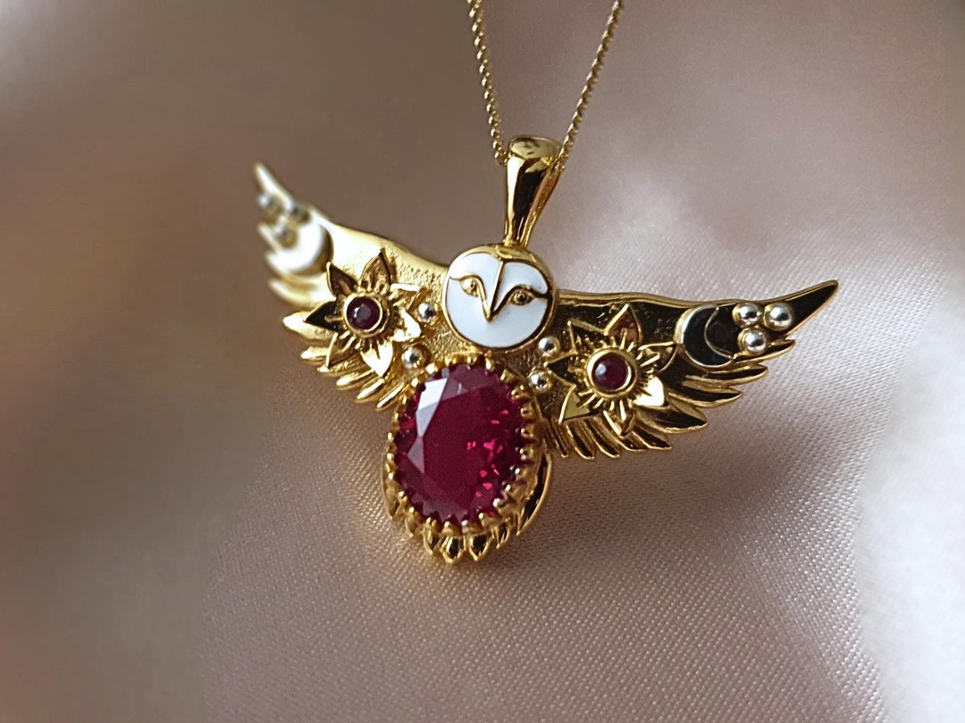 18k Gold Owl Pendant With Ruby - Natural Ruby Jewelry - Owl Necklace ...