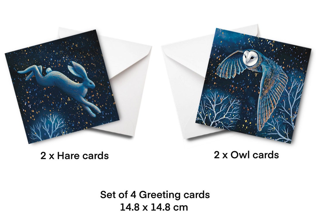 Set of 4 - Magic Night Moon Owl and Hare Greeting Cards - Blank ...