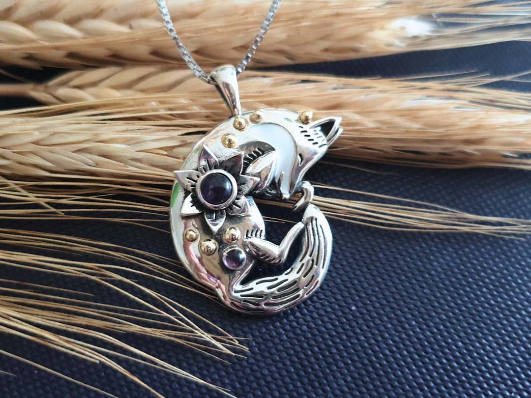 925 Sterling Silver Sleeping Fox Pendant - Natural Amethyst Jewelry ...