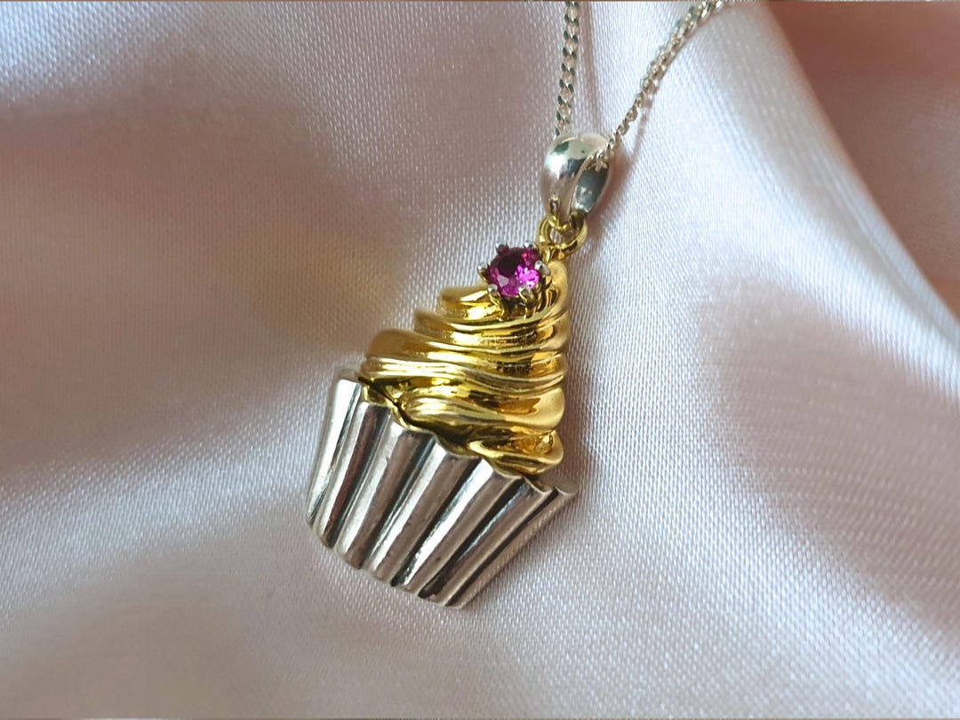 18k Gold and Silver Cupcake Pendant - Sweet Necklace - Sweet Jewelry ...