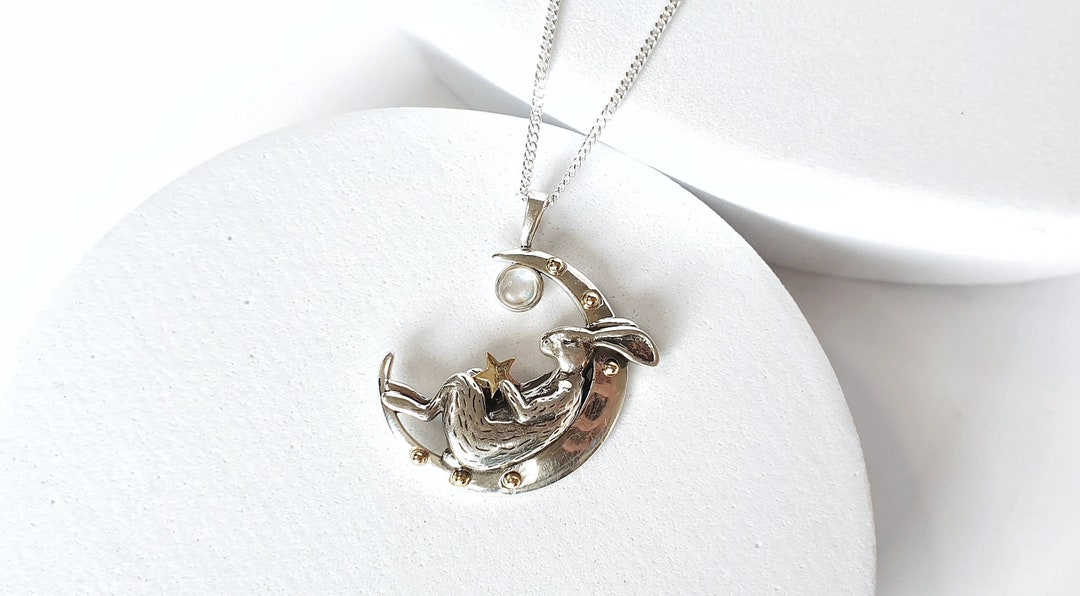 925 Sterling Silver Sleeping Bunny Pendant - Natural Moonstone Jewelry ...