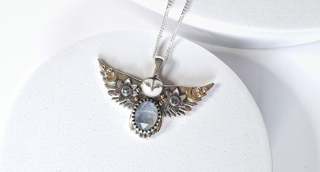 Silver and 18K Gold Owl Pendant - Natural Moonstone Jewelry - Owl ...