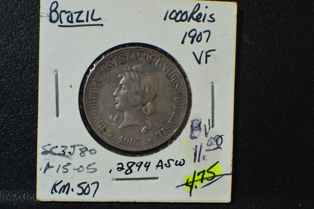 1907 Brazil 1000 Reis .2894 Silver Coin. VF KM-507 - Etsy