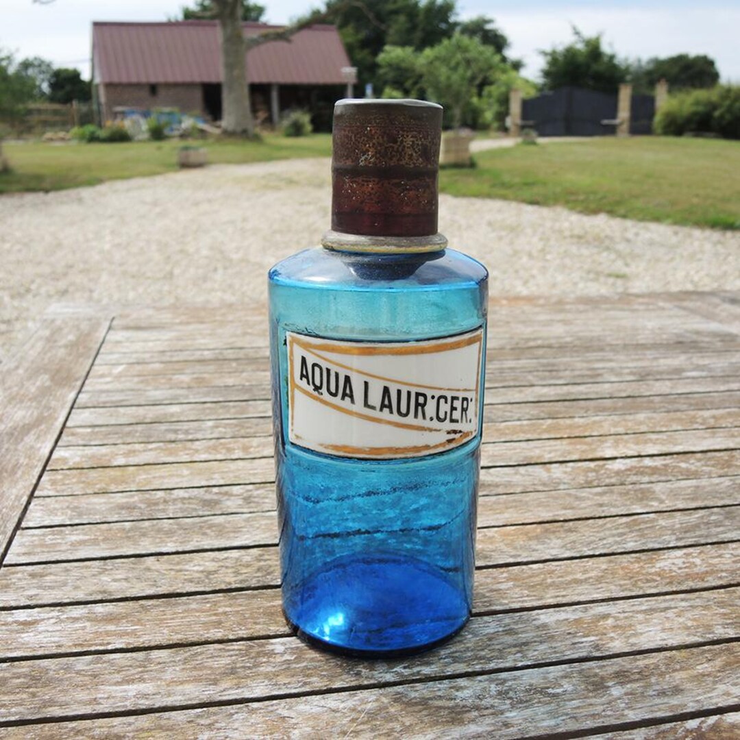 Vintage French Blue Glass Apothecary Bottle : AQAU LAUR CER - Etsy