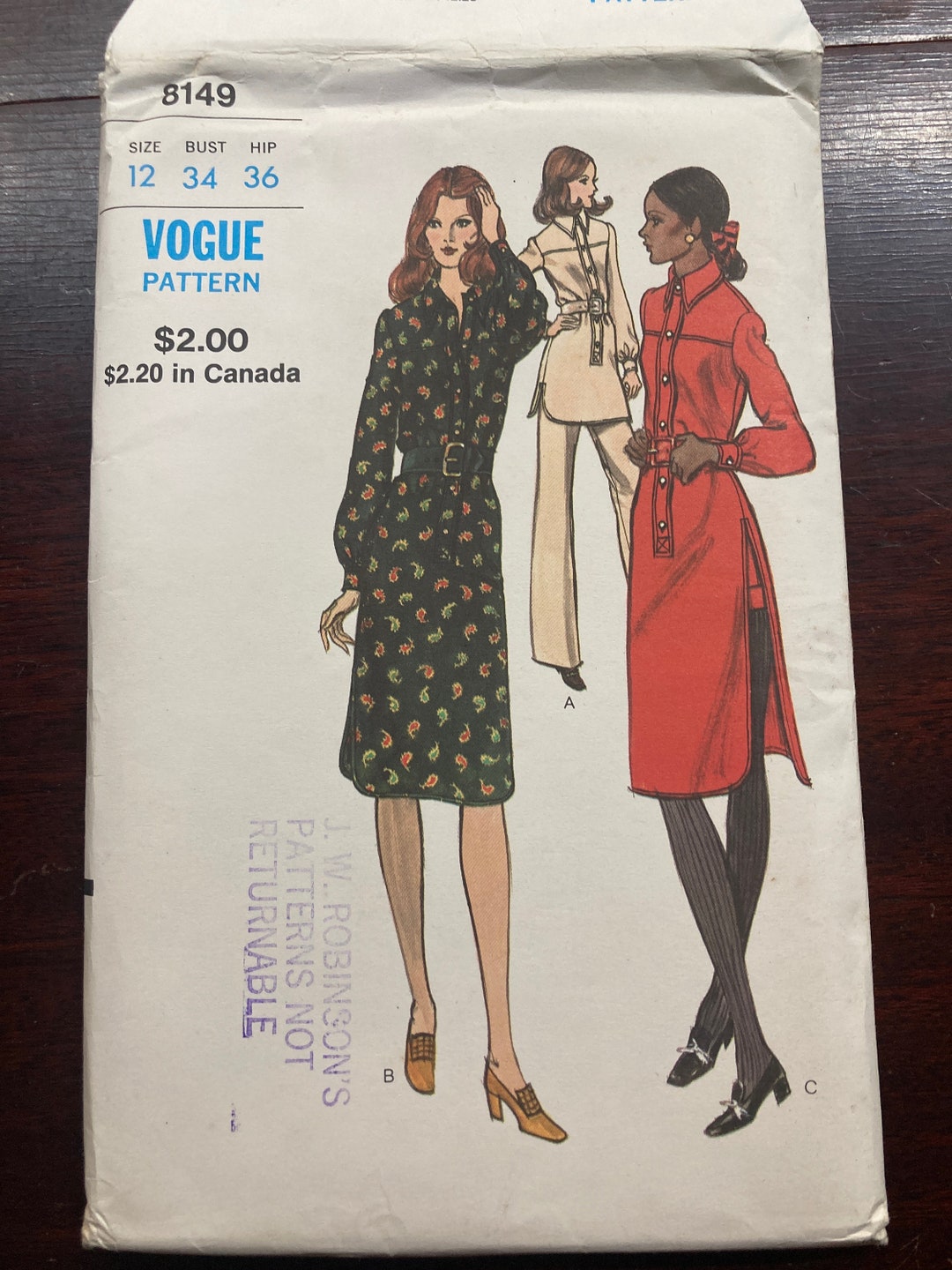 1970s VOGUE 8149 Vintage Vogue Pattern Size 12 Bust 34 Hip 36. Uncut ...