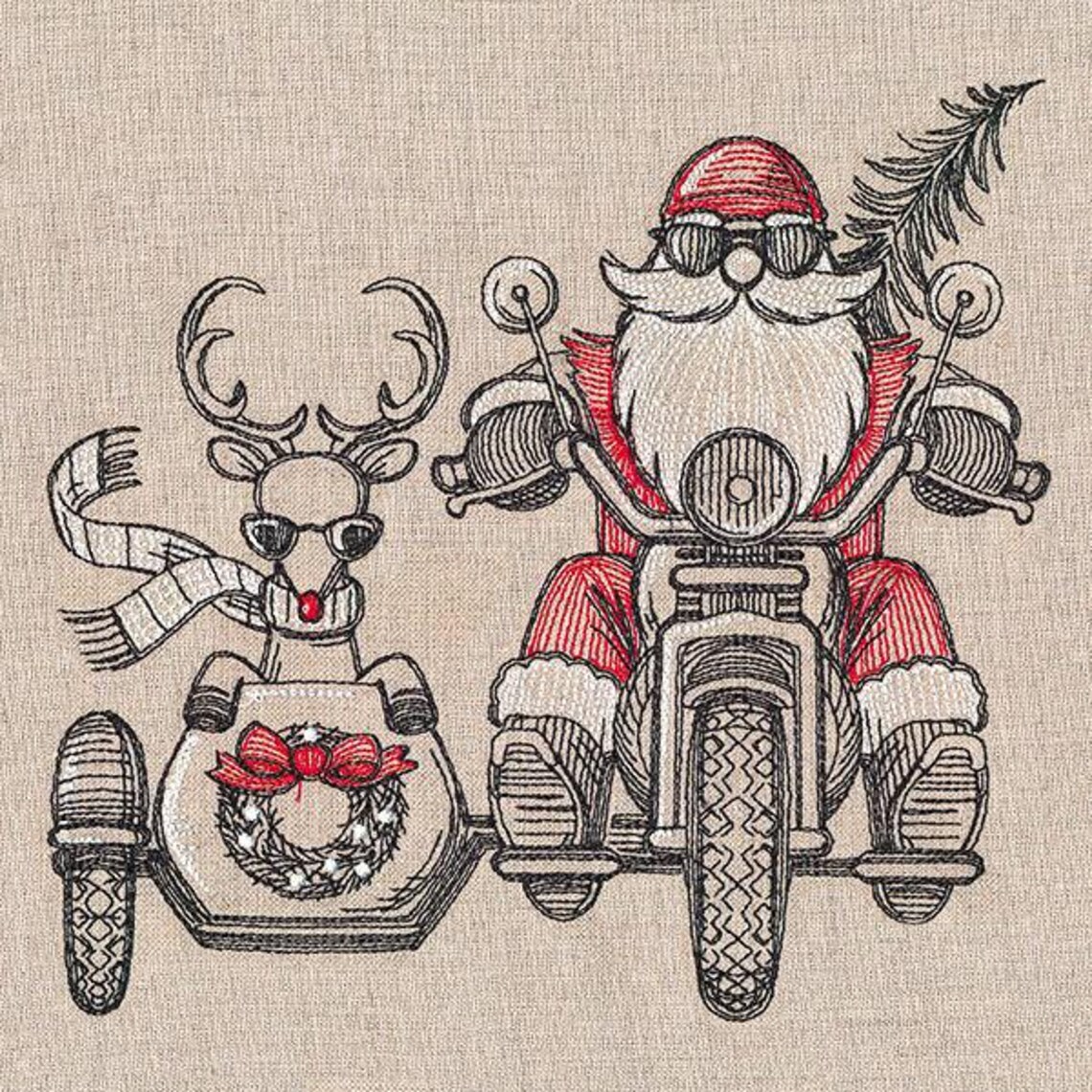 Motorcycle Sidecar Santa, Embroidered Towel, Flour Sack Towel, Kitchen ...