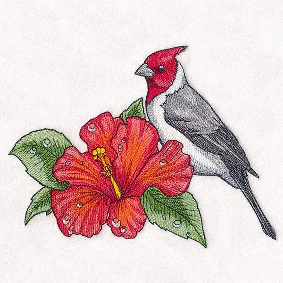 Hibiscus and Red-crested Cardinal, Embroidered Towel, Flour Sack Towel ...