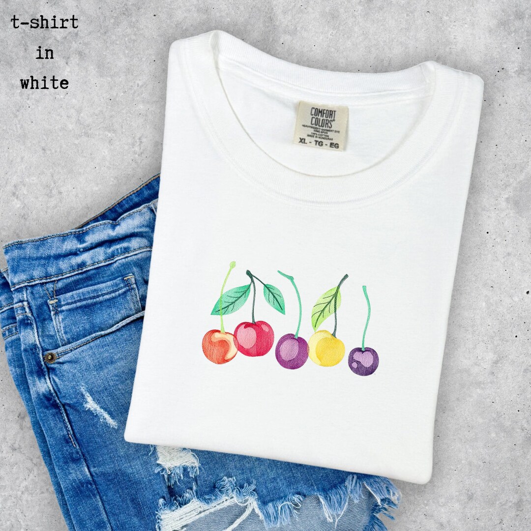 Rainbow Cherries Border Embroidered T-shirt Unisex Tee Comfort Colors ...
