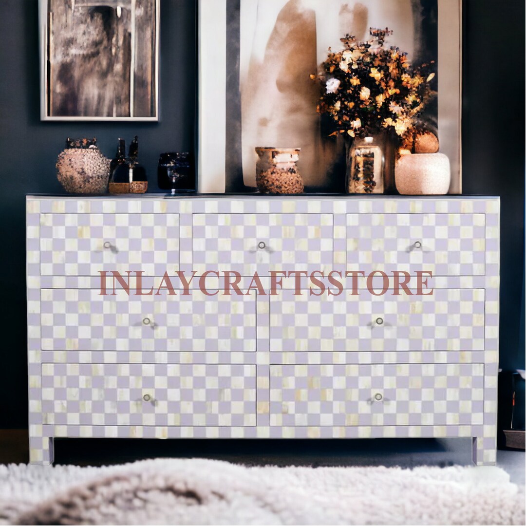 Bone Inlay Checker Board 7 Drawers Chest Purple, Bone Inlay Checker ...