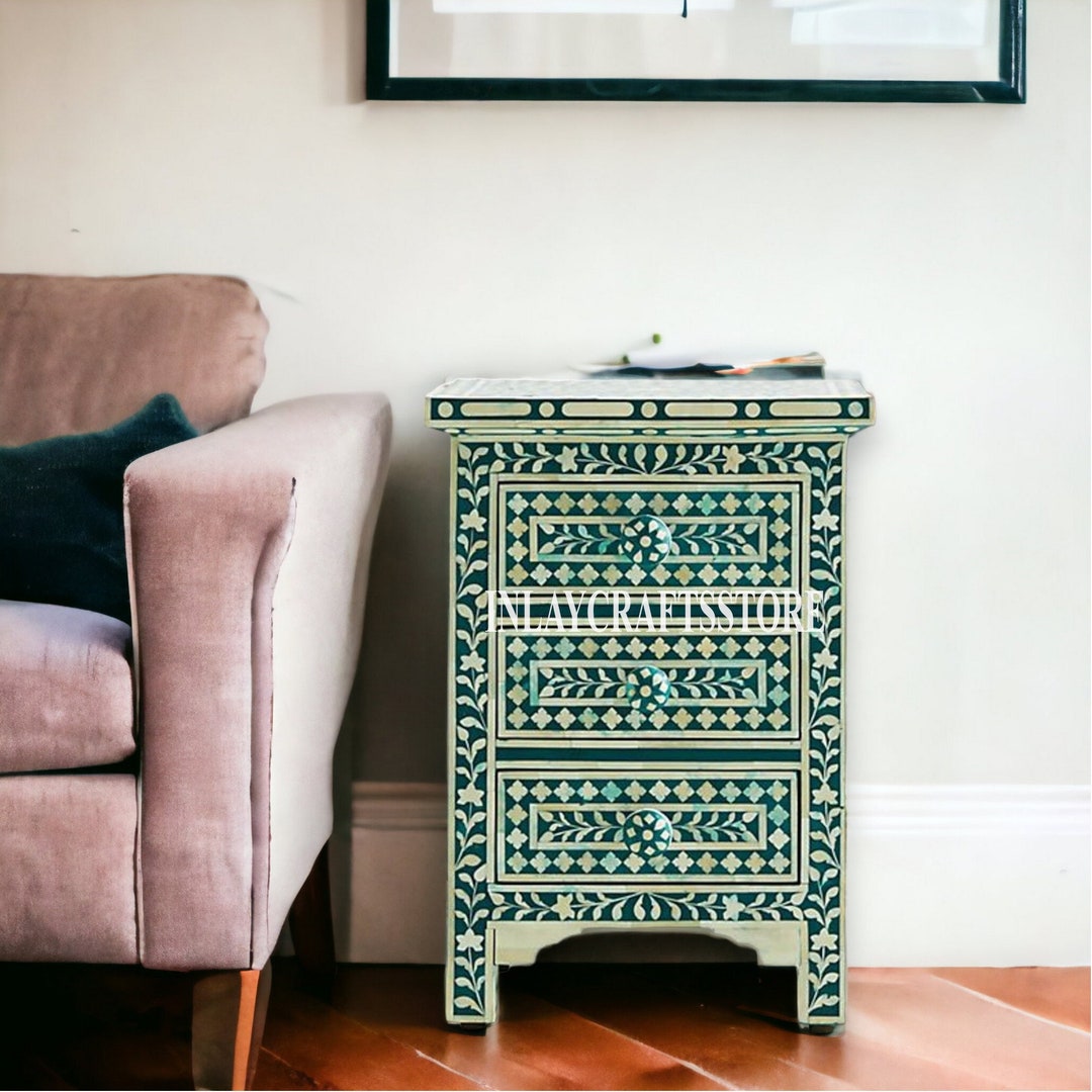 Bone Inlay Floral Design 3 Drawers Bedside Table Teal Green - Etsy