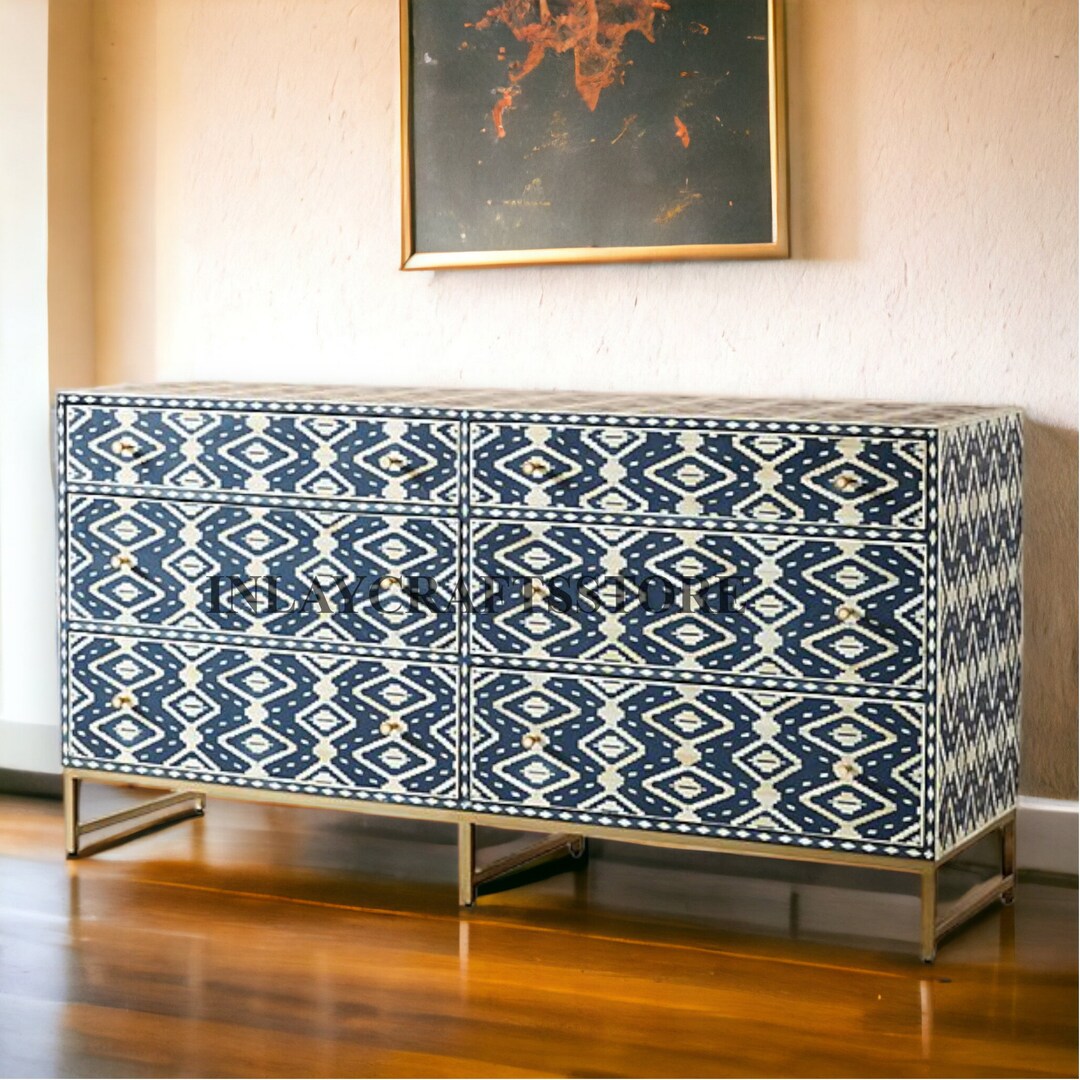 Bone Inlay Ikat Design 6 Drawers Chest Navy Blue, Bone Inlay Ikat ...