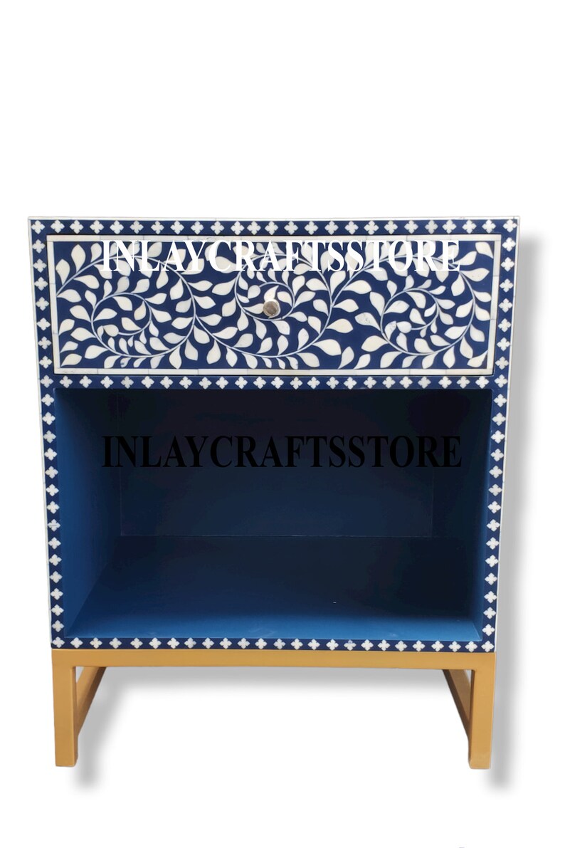 Bone Inlay Scrollvine Design Bedside Table Indigo Blue Bone - Etsy