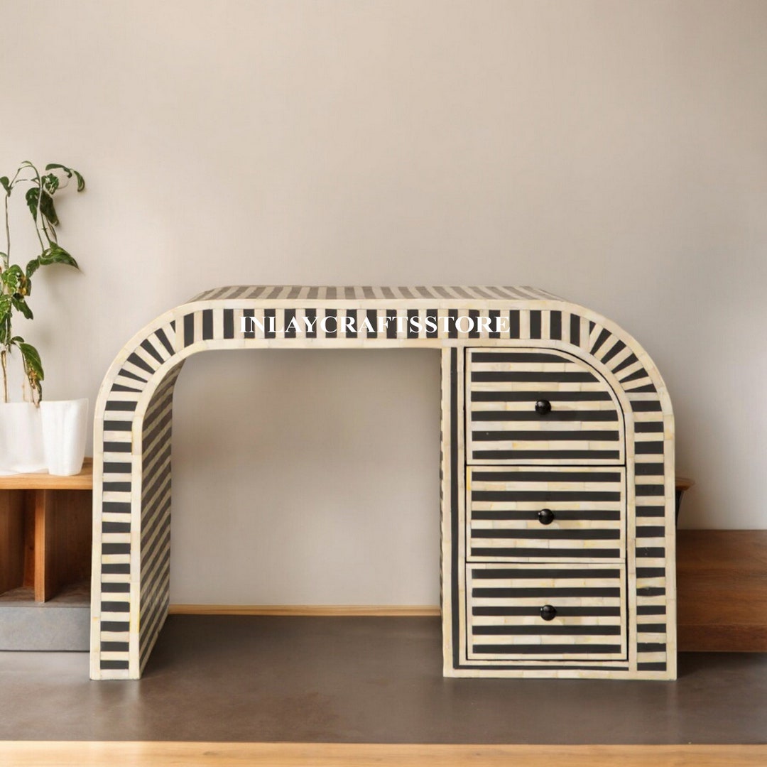 Bone Inlay Optical Design Waterfall 3 Drawers Console Table Black, Bone ...