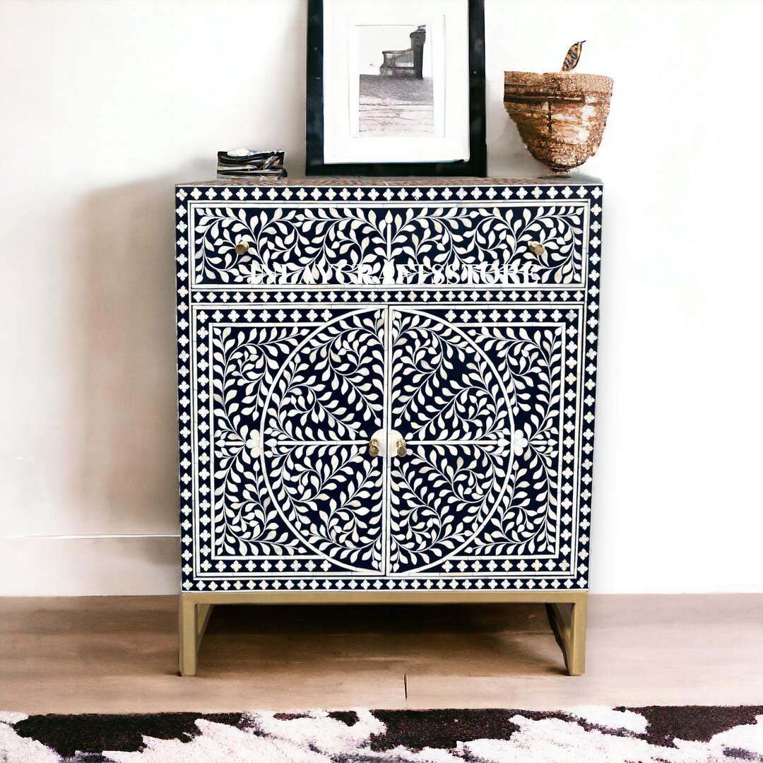 Bone Inlay Scrollvine Design Entryway Cabinet Indigo Blue, Bone Inlay ...