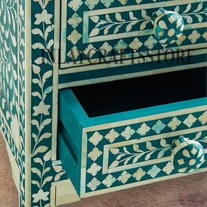 Bone Inlay Floral Design 3 Drawers Bedside Table Teal Green - Etsy