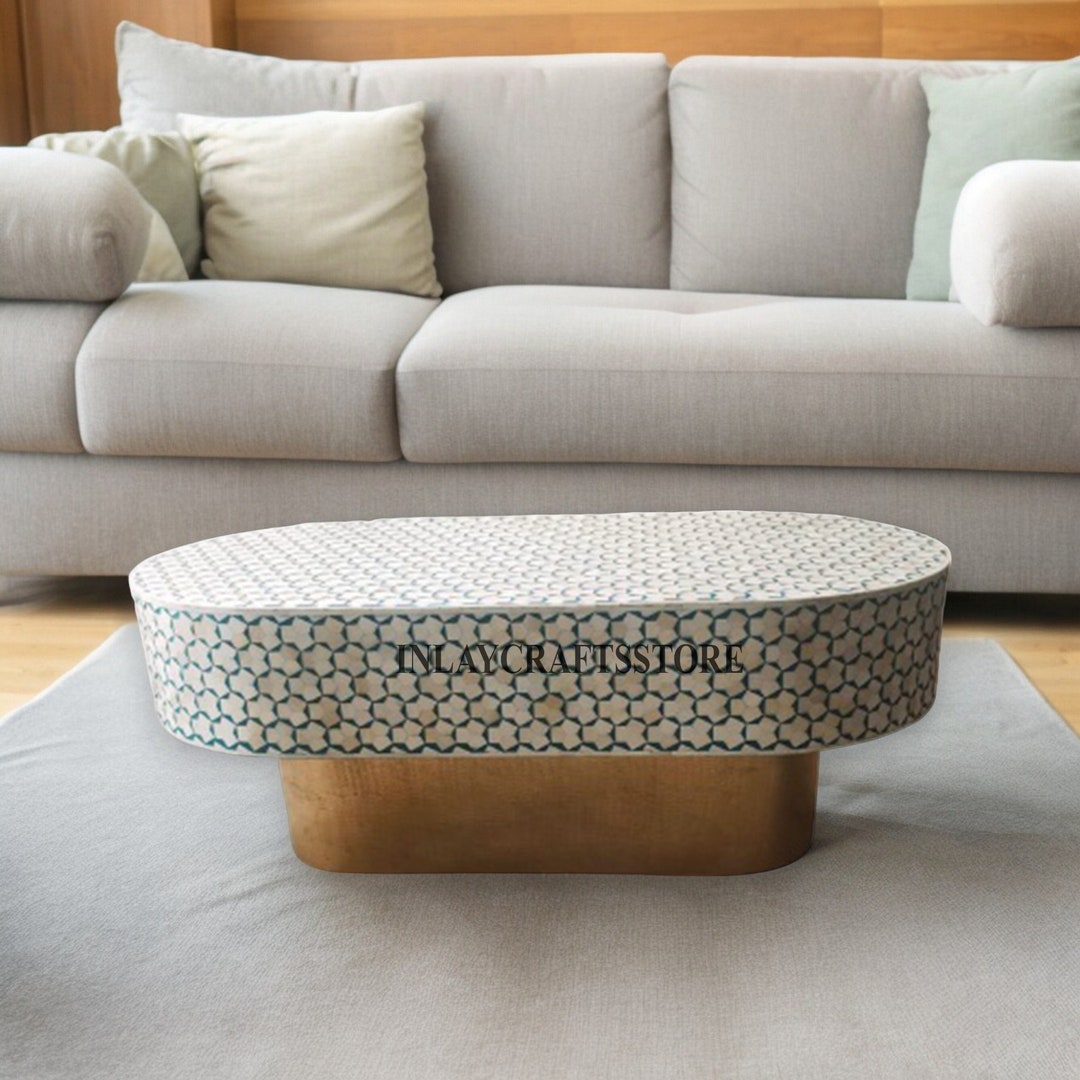 Bone Inlay Targua Design Oval Shape Coffee Table Teal Green, Bone Inlay ...