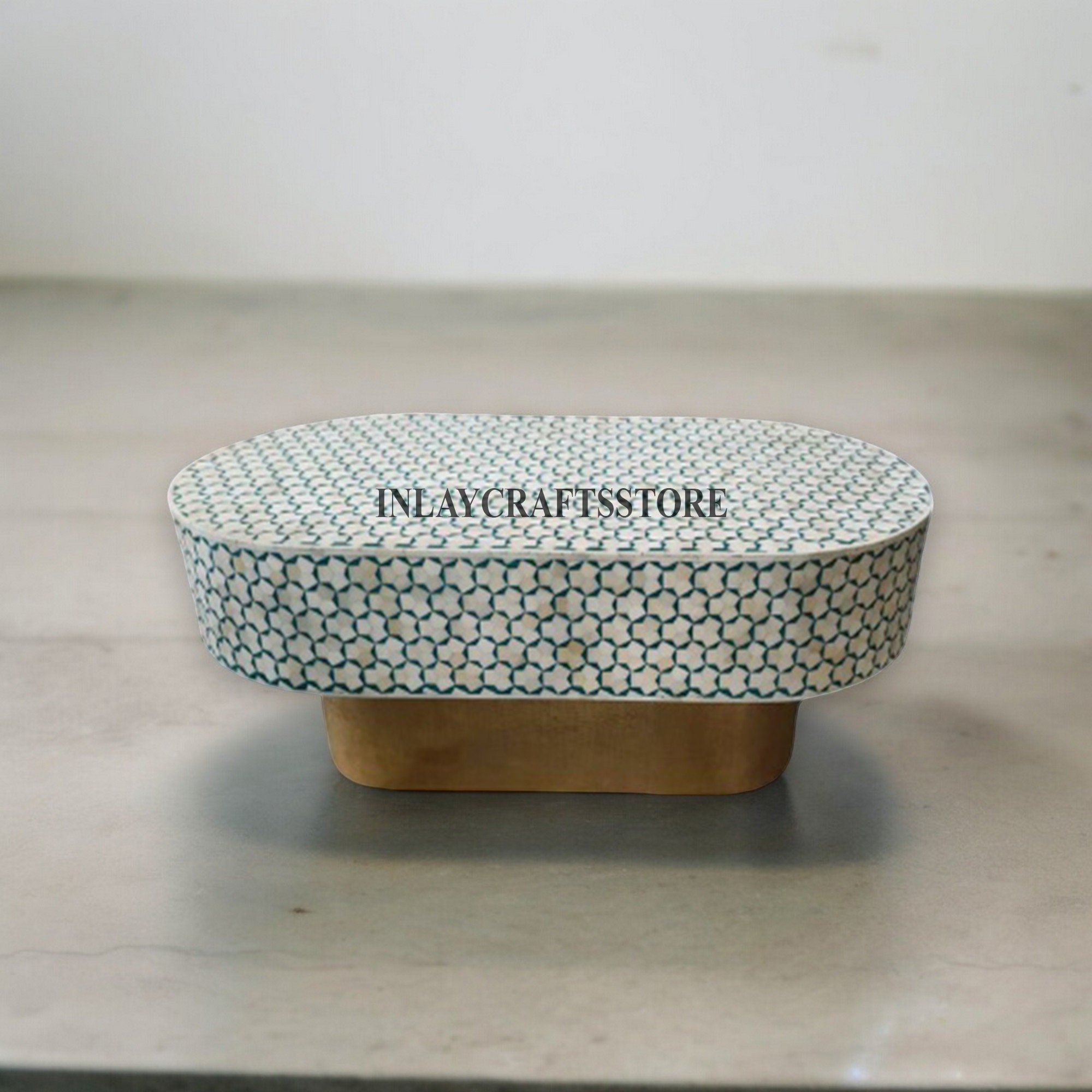 Bone Inlay Targua Design Oval Shape Coffee Table Teal Green, Bone Inlay ...