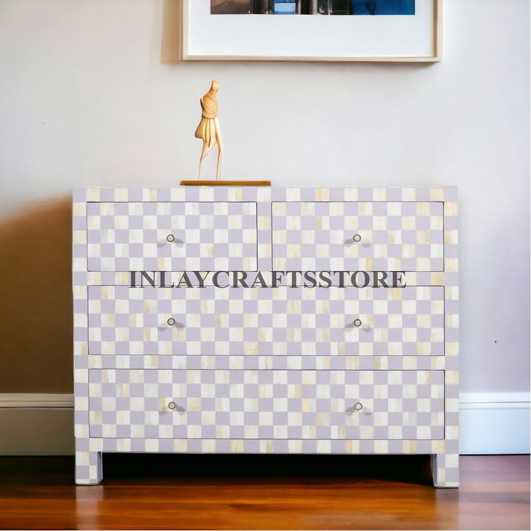 Bone Inlay Checker Board Design 4 Drawers Chest Purple, Bone Inlay ...