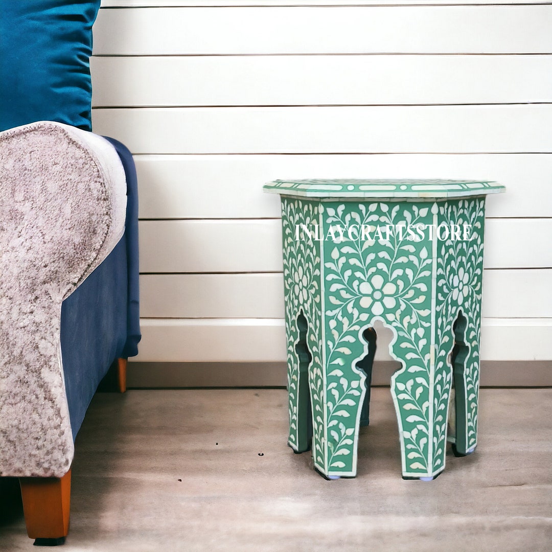 Bone Inlay Hexagonal Floral Design Side Table Green, Bone Inlay ...