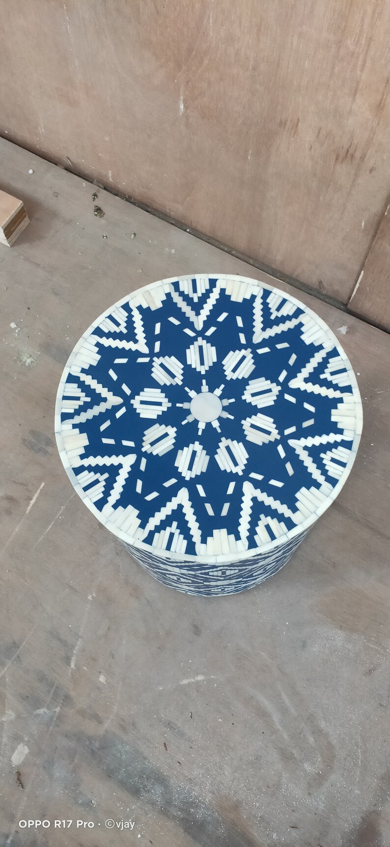 Bone Inlay Ikat Design Round Side Table Navy Blue Bone Inlay - Etsy