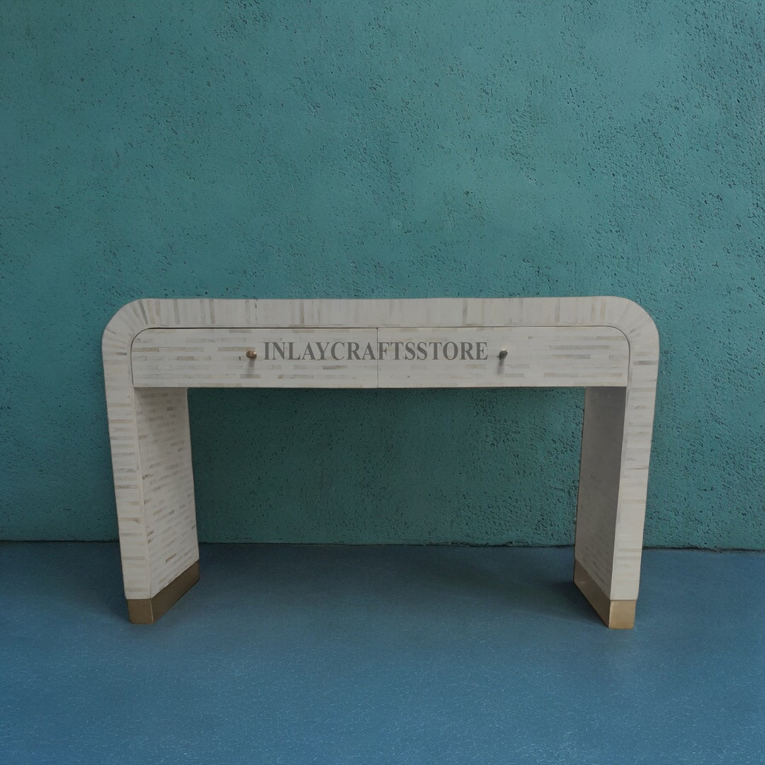 Bone Inlay Optical Design Waterfall 2 Drawers Console Table White, Bone ...