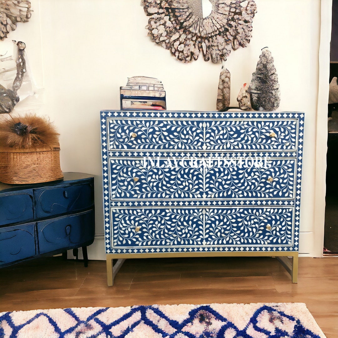 Bone Inlay Scrollvine 3 Drawers Chest Indigo Blue, Bone Inlay ...