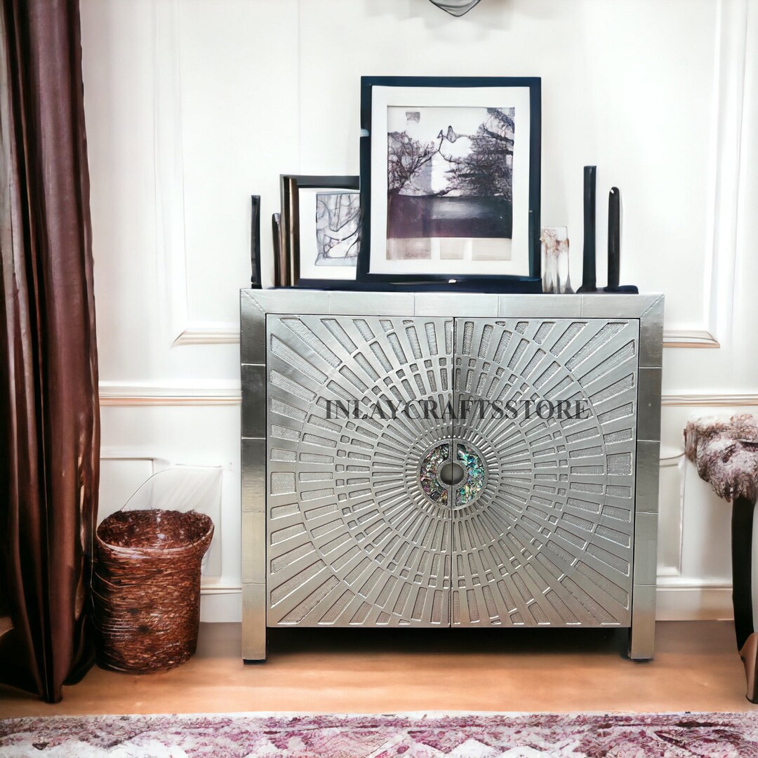 Silver Metal Inlay Embossed Cabinet Table, White Metal Inlay Embossed ...