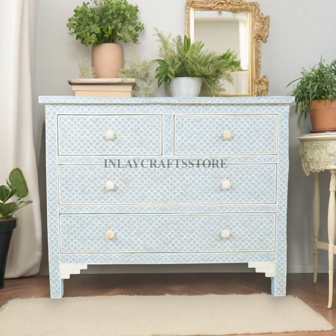 Bone Inlay Fish-scale Design 4 Drawers Chest Ice Blue, Bone Inlay Fish ...