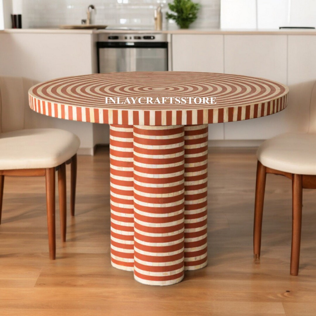 Bone Inlay Stripe Design Round Dining Table Orange, Bone Inlay Home ...