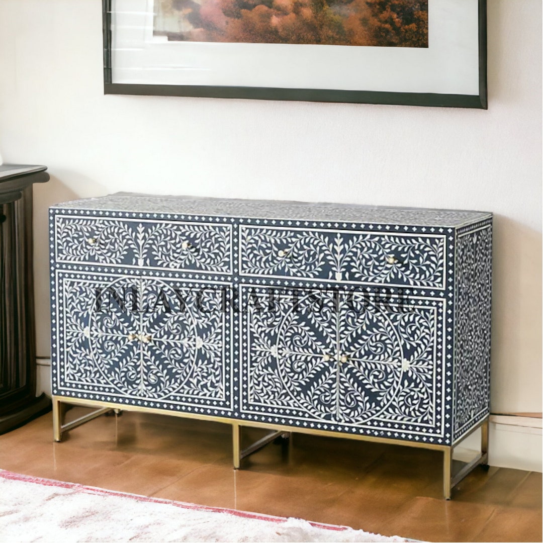 Bone Inlay Scrollvine Design Buffet Table Indigo Blue, Bone Inlay ...