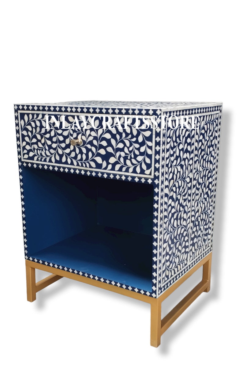 Bone Inlay Scrollvine Design Bedside Table Indigo Blue Bone - Etsy