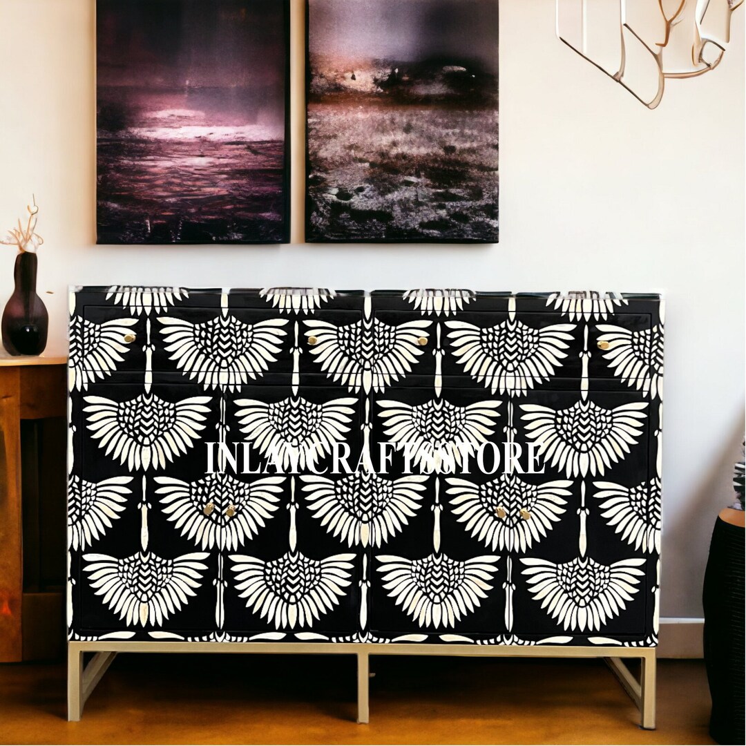 Bone Inlay Swan Design 2 Drawers and 4 Door Buffet Black Bone - Etsy