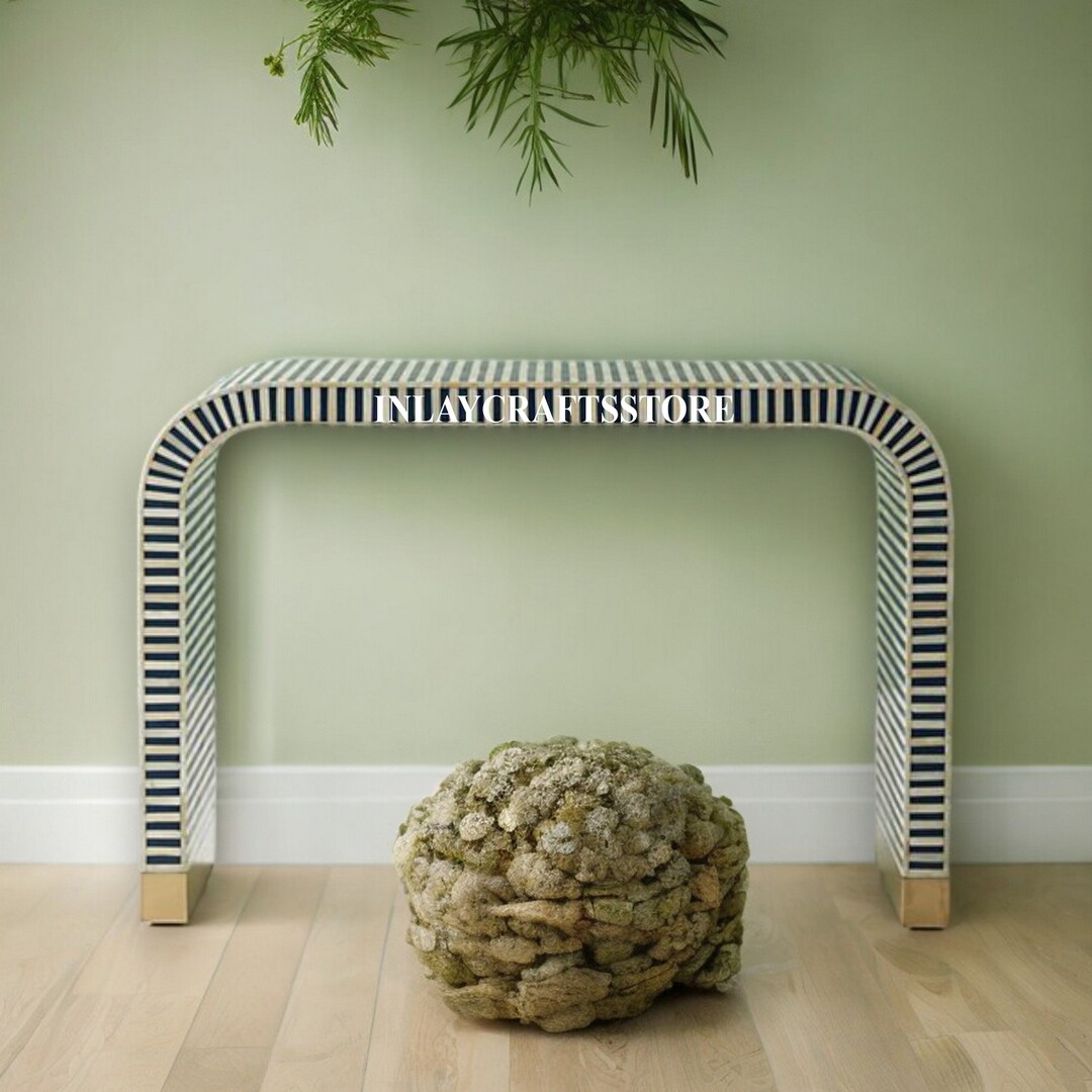 Bone Inlay Optical Design Waterfall Console Table Indigo Blue, Bone ...