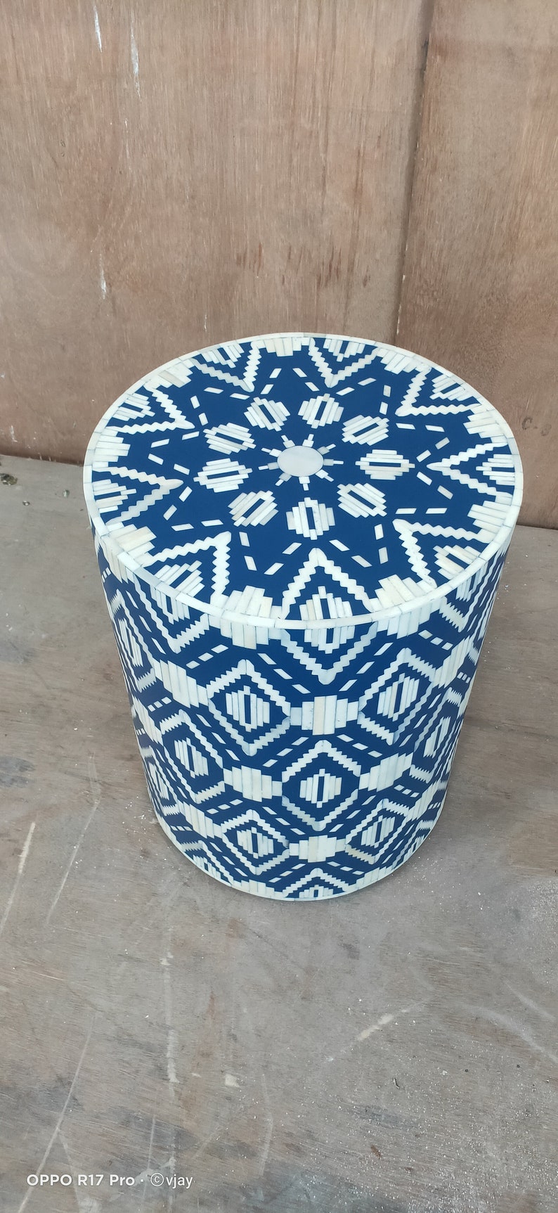 Bone Inlay Ikat Design Round Side Table Navy Blue Bone Inlay - Etsy