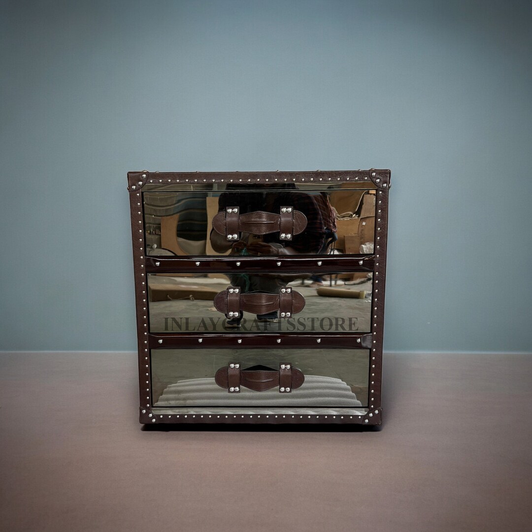 Handmade Aviator 3 Drawers Storage Bedside Table With Premium Leather ...