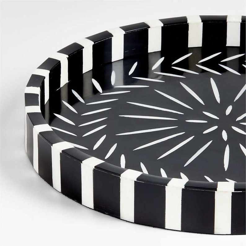 Handmade Bone Inlay Round Service Tray Black | Etsy