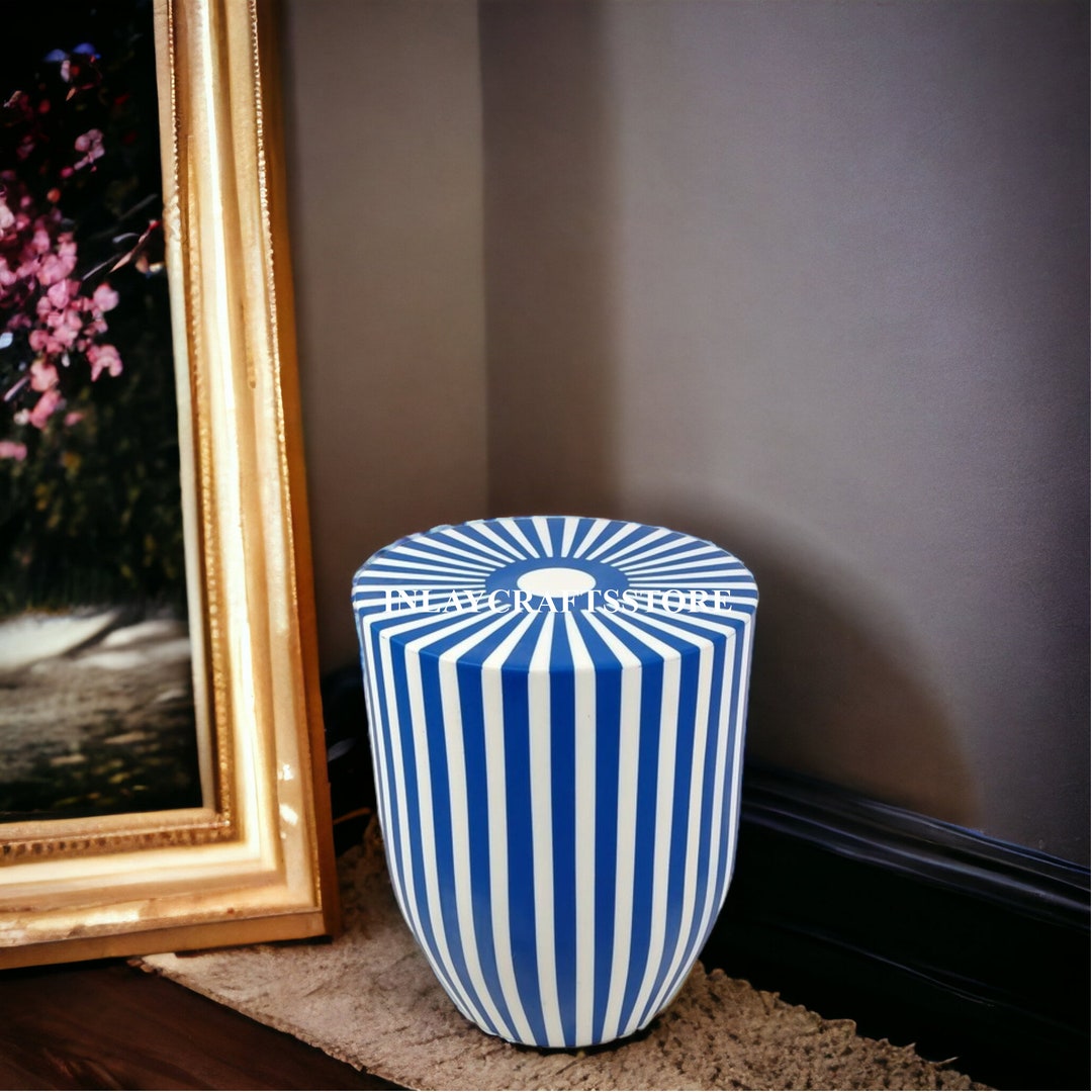 Bone Inlay Stripe Design Round Side Table Blue, Bone Inlay Stripe ...