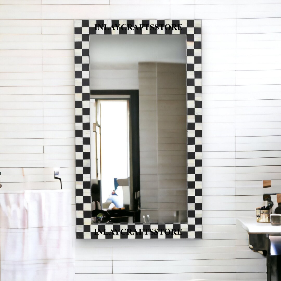 Bone Inlay Checkboard Design Mirror Frame Black, Bone Inlay Checkboard ...