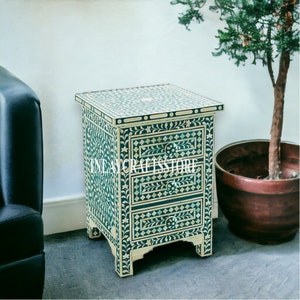 Bone Inlay Floral Design 3 Drawers Bedside Table Teal Green - Etsy