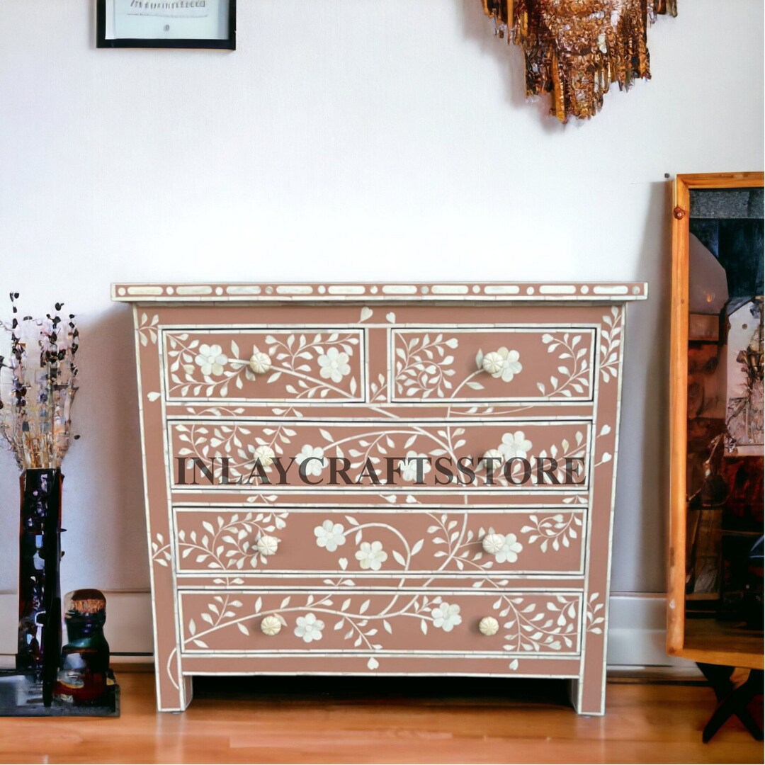 Bone Inlay Wooden Modern Floral Pattern Chest of Drawers Table Baby ...