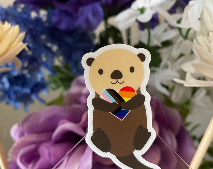 Cute Otters Holding Hands Pride Flag LGBTQIA Support Sticker ...