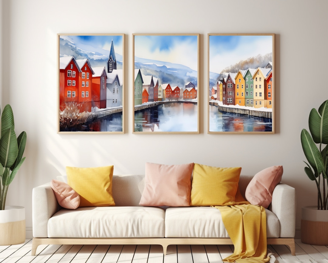 Trondheim Watercolor Print | Set of 3 | Norway Gift | Norwegian Wall ...