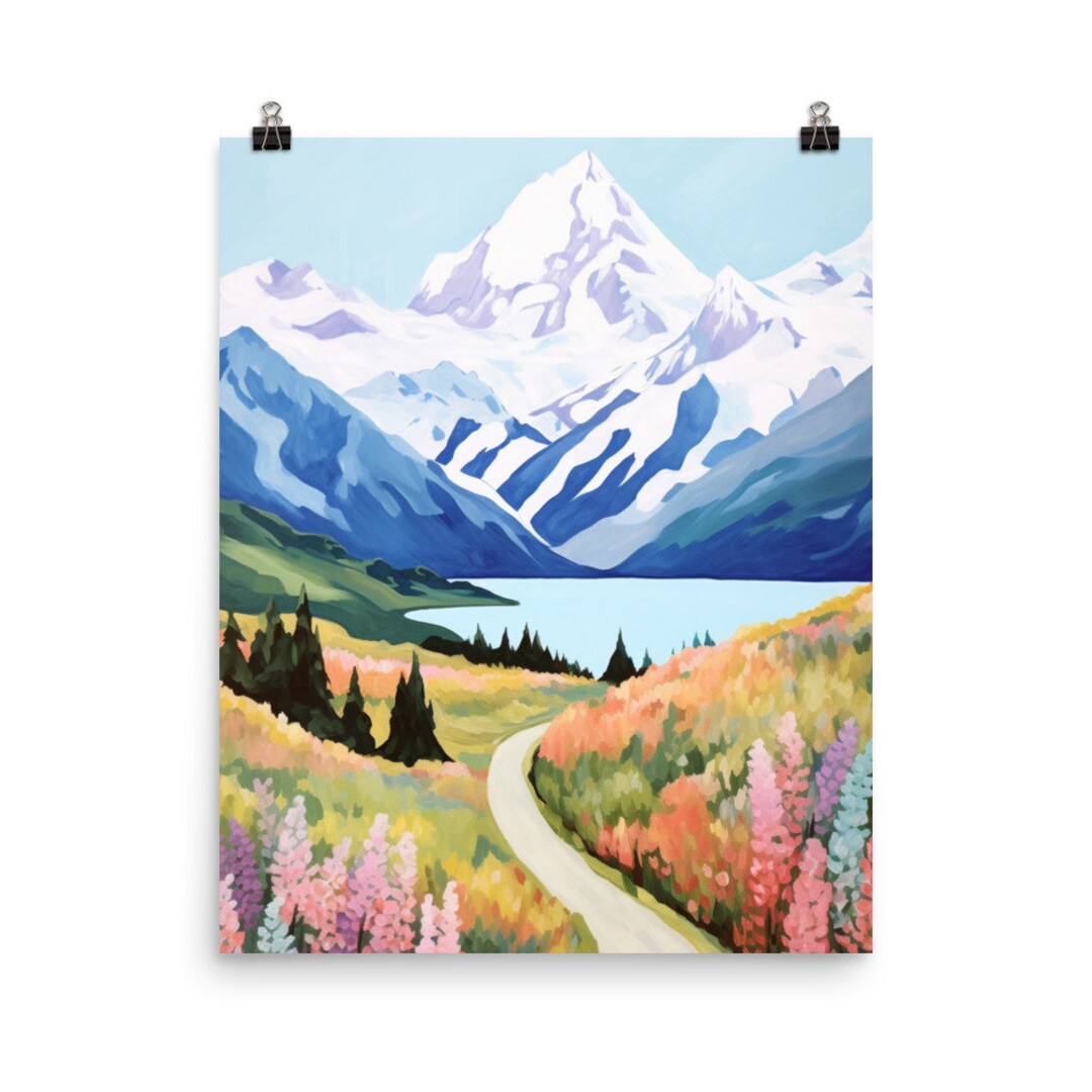 Aoraki Mount Cook Watercolor Print, New Zealand Mountain Landscape Wall ...