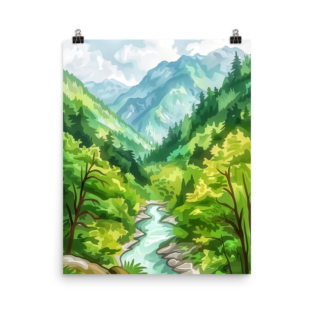 Soca Valley Watercolor Print, Slovenia Mountain Landscape Wall Art ...