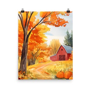 Fall Pumpkin Farm Watercolor Print Autumn Wall Art Fall Foliage Decor ...